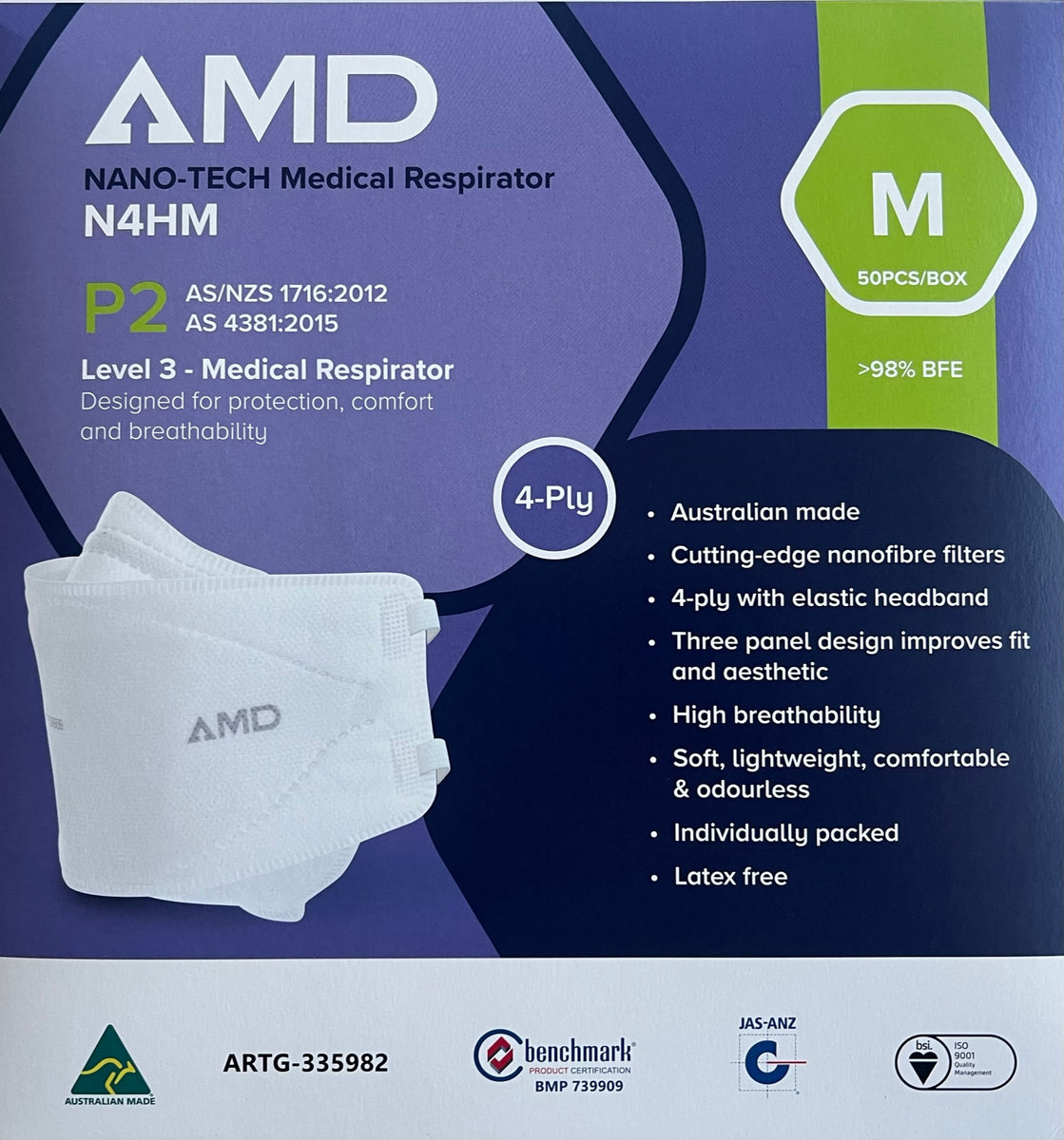 AMD MASKS NANO-TECH P2 Medical Respirator N4HS Headband Pack of 50 - M ...